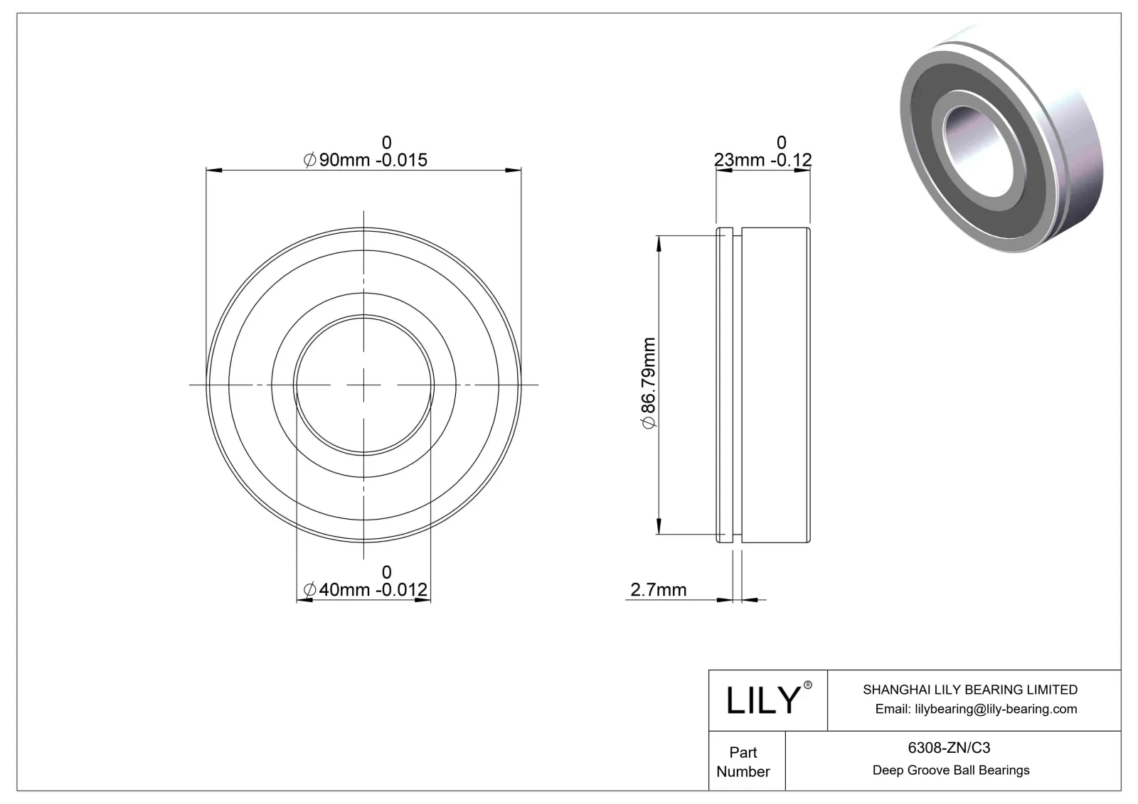 6308-ZN/C3 | Snap Ring Groove Ball Bearings - SKF | LILY Bearing
