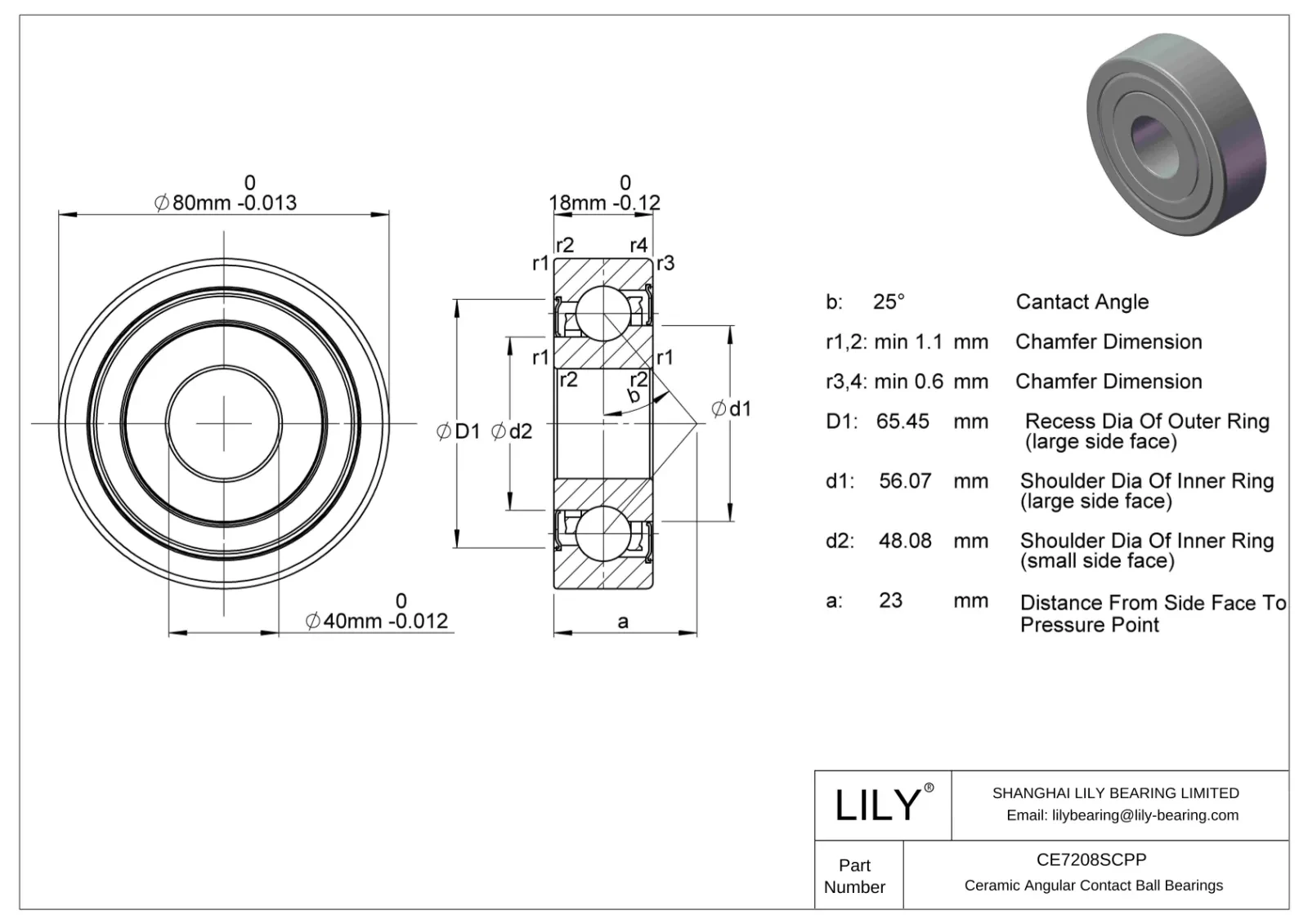 CE7208SCPP | Silicon Carbide-Single Row Angular Contact | LILY Bearing