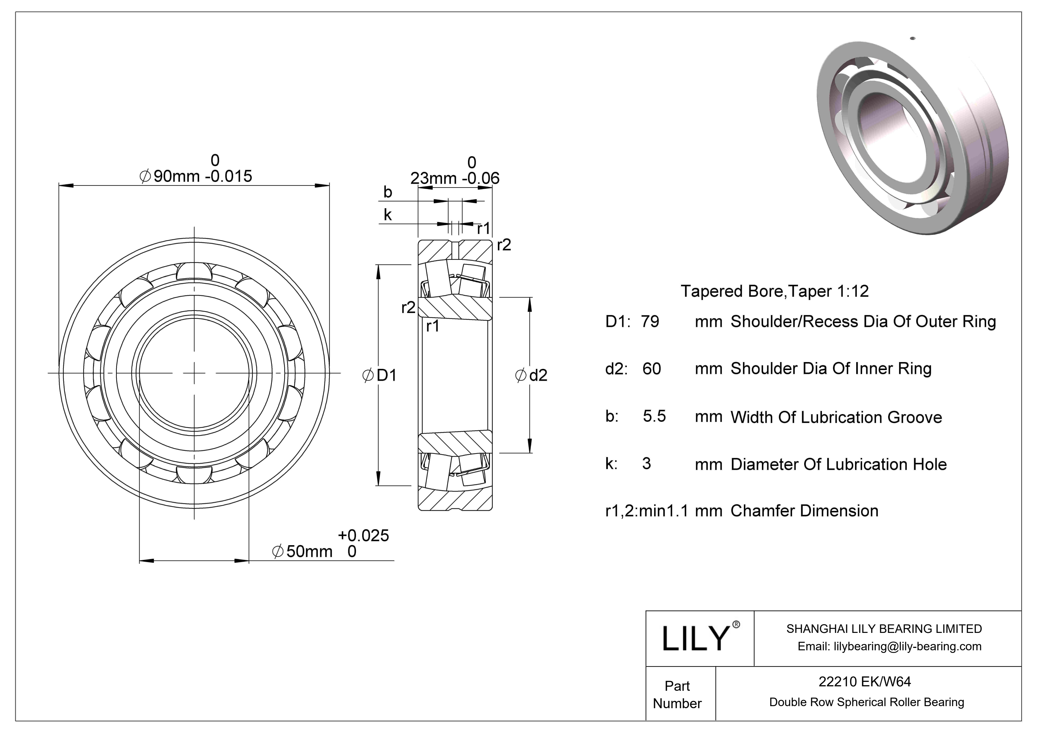 22210 EK/W64 | Double Row Spherical Roller Bearing - SKF | LILY Bearing